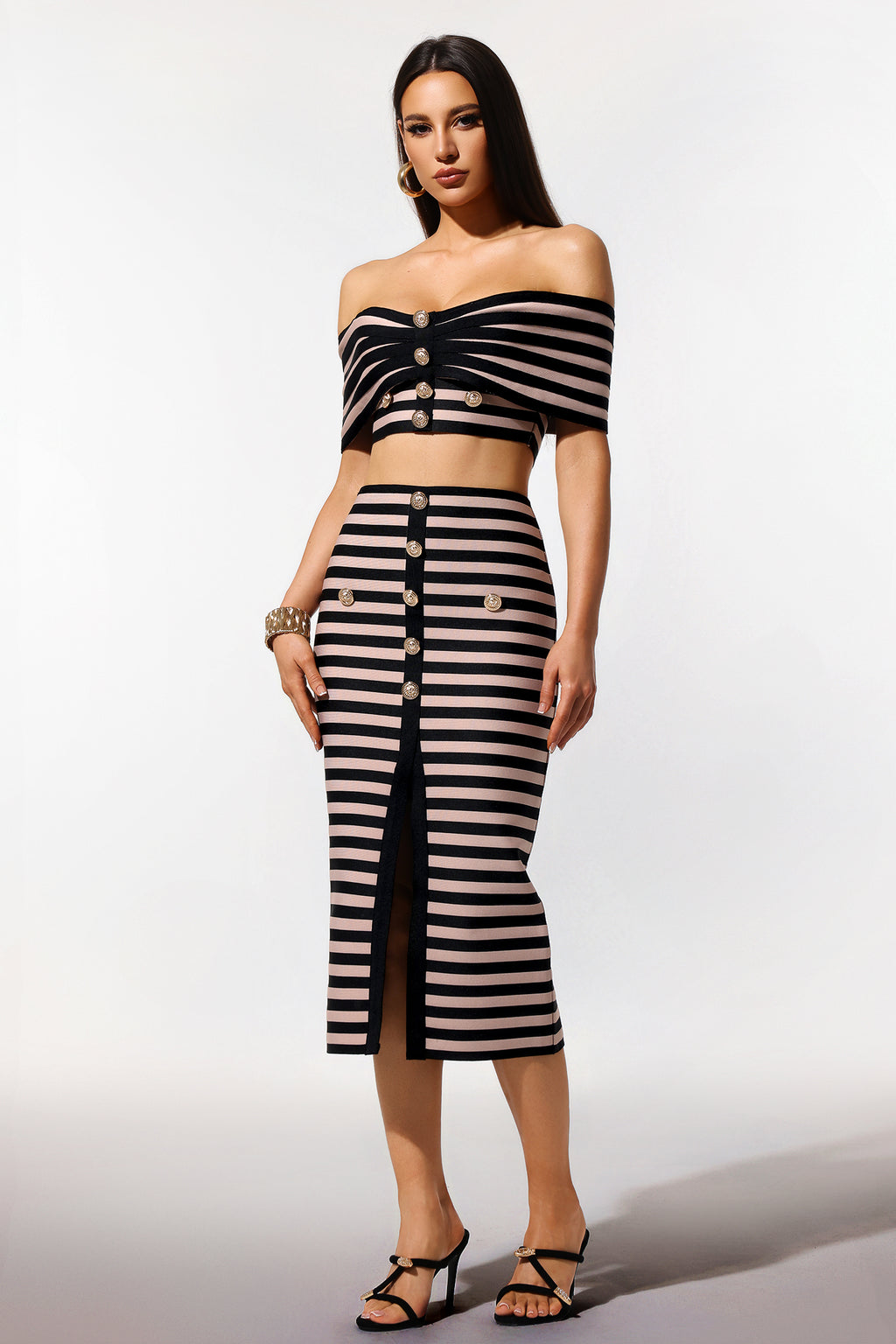 Lalipa Off-The-Shoulder Sleeveless Stripes Bandage Midi Two Piece Set ...