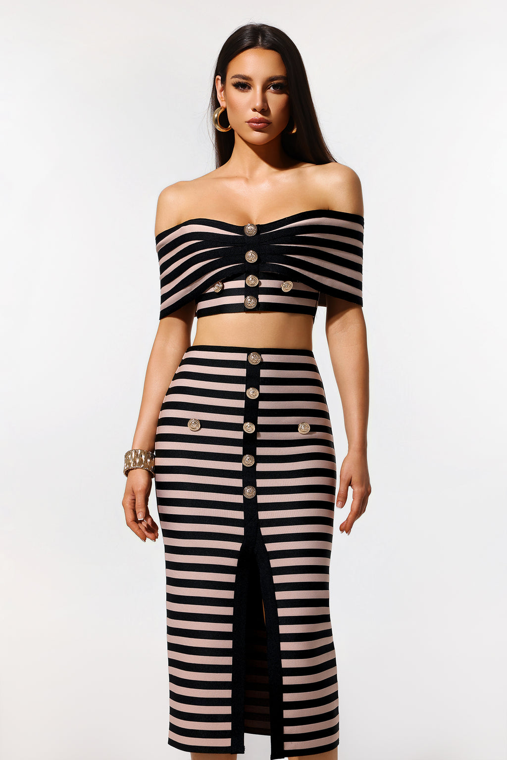 Lalipa Off-The-Shoulder Sleeveless Stripes Bandage Midi Two Piece Set ...
